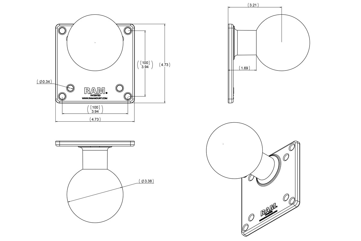 RAM 100 & 75mm VESA Plate with E Ball (RAM-E-246U) - Modest Mounts